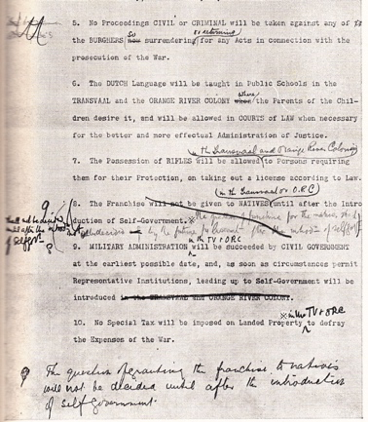 Draft Treaty of Vereeniging clauses, May 1902 | Whites Writing Whiteness